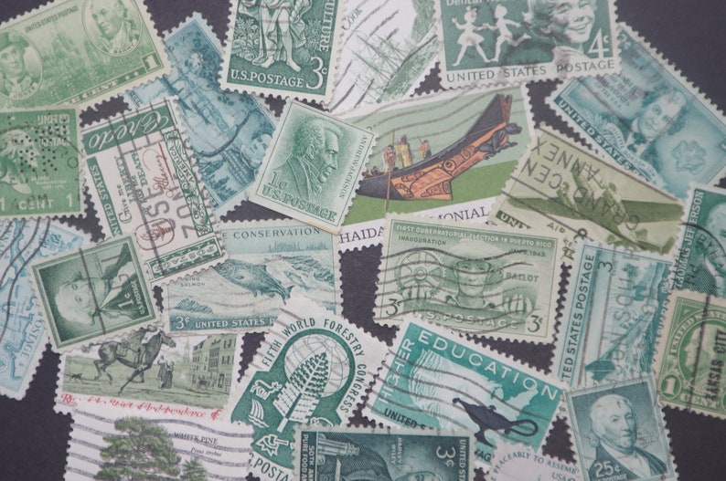 Vintage GREEN Postage Stamps ~ 25 Green, Various Shades, Used, off ...