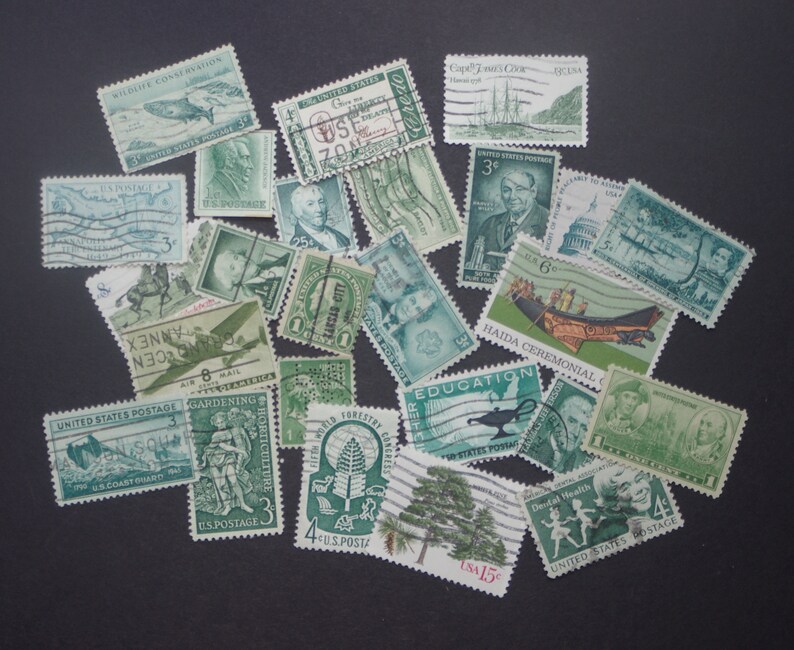 Vintage GREEN Postage Stamps ~ 25 Green, Various Shades, Used, off ...