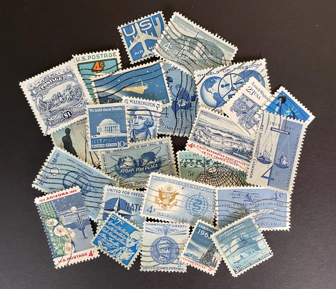 25 Vintage BLUE Postage Stamps ~ Used US Stamps for Collecting ...