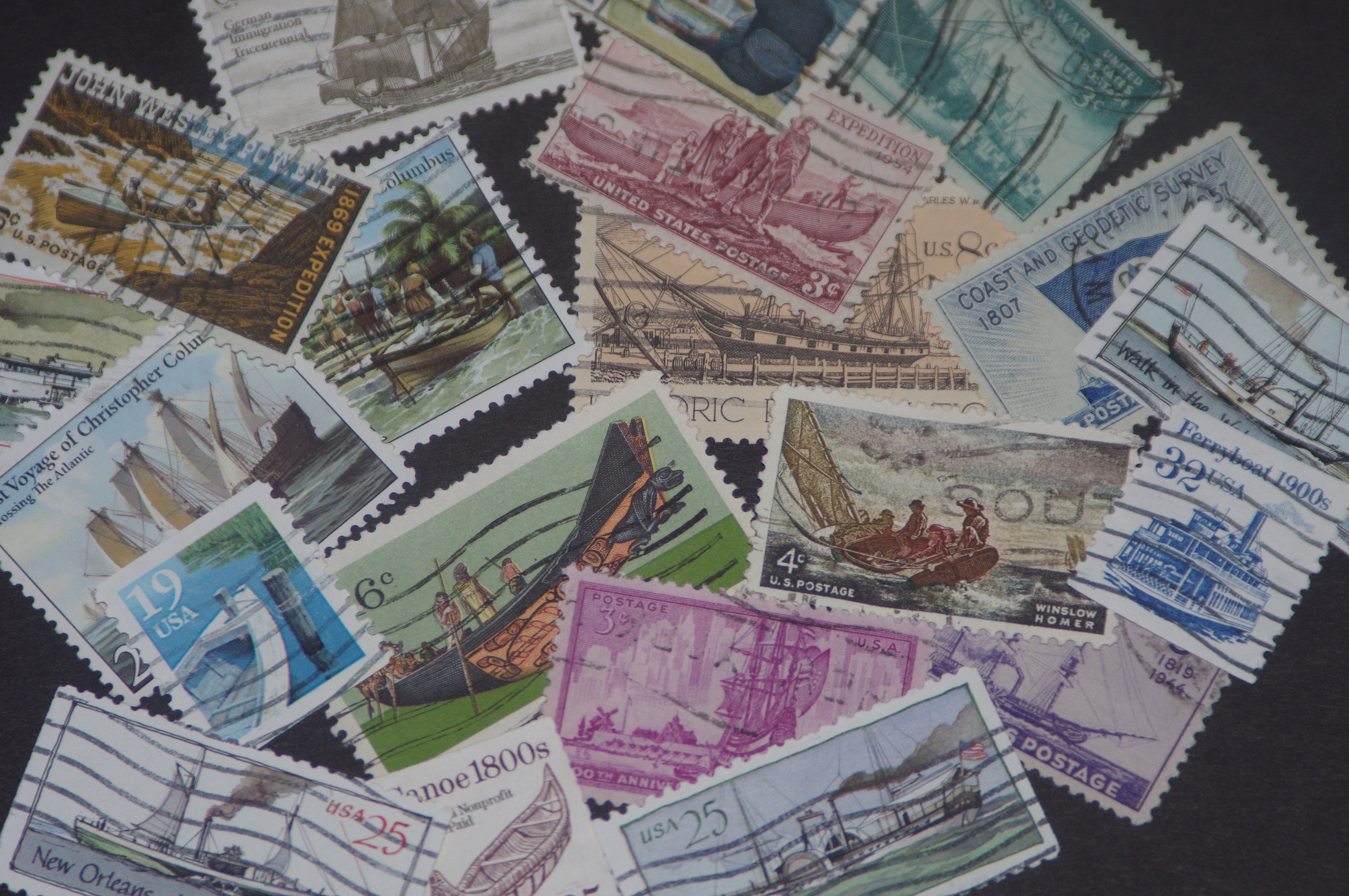 Vintage SHIPS & BOATS Postage Stamps ~ 20 Different, Used, off Paper ...