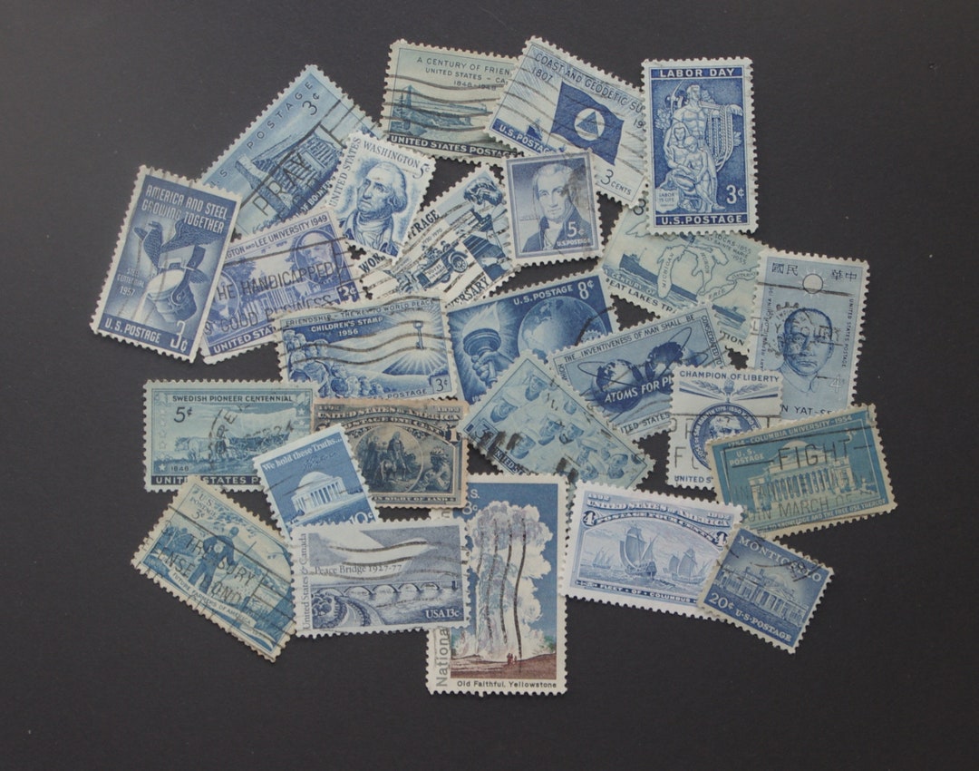 Vintage BLUE Postage Stamps 25 Blue, Various Shades, Used, off Paper ...