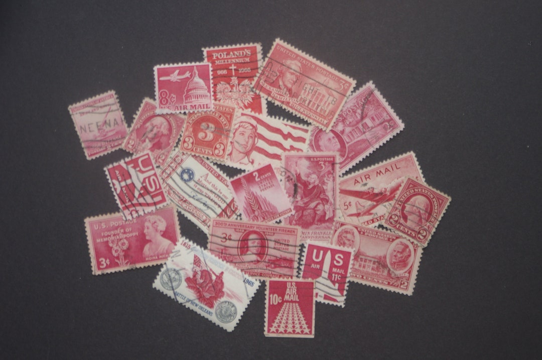 Vintage RED Postage Stamps ~ 20 Red, Various Shades, Used, off Paper ...