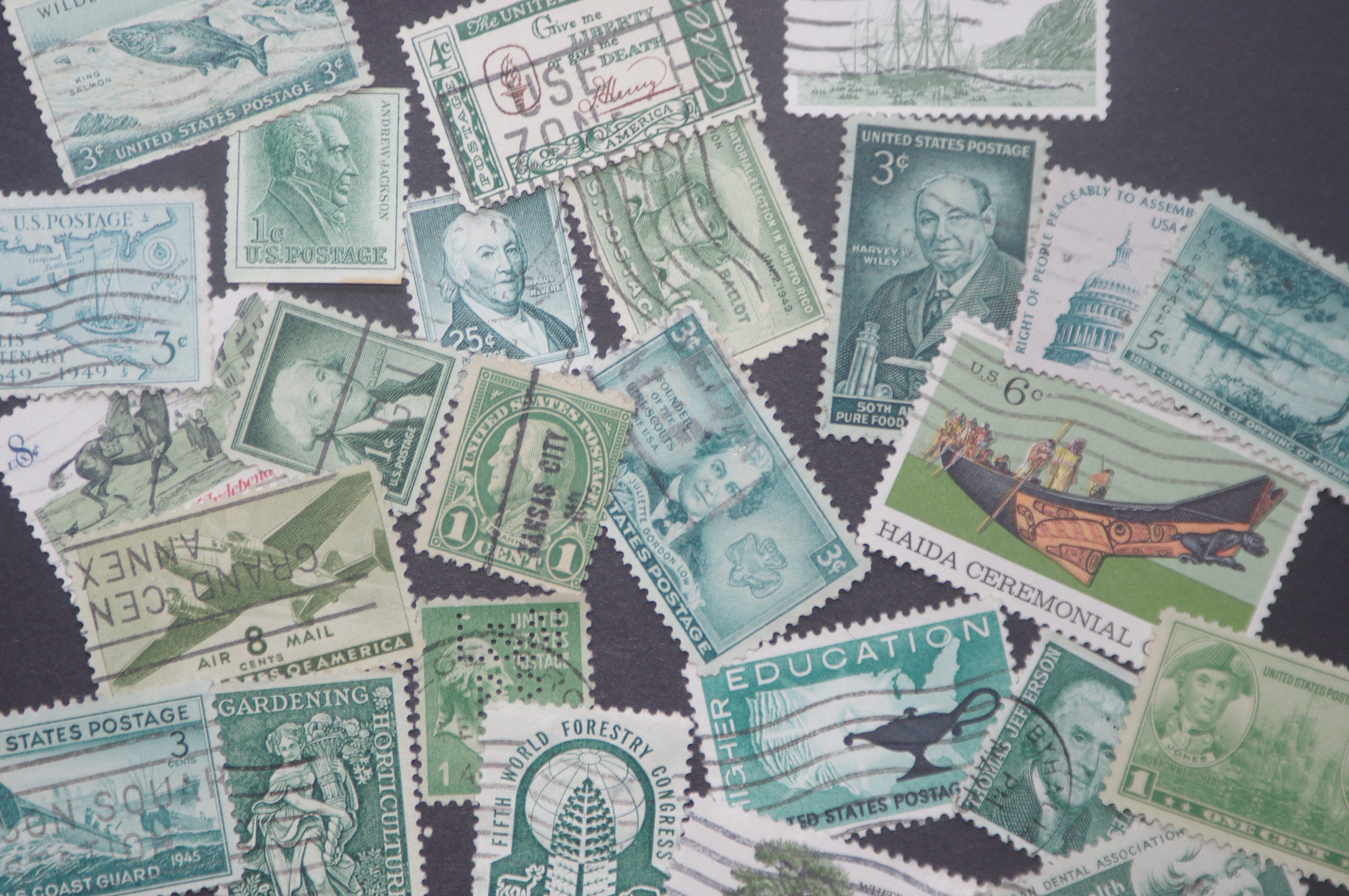 Vintage GREEN Postage Stamps ~ 25 Green, Various Shades, Used, off ...