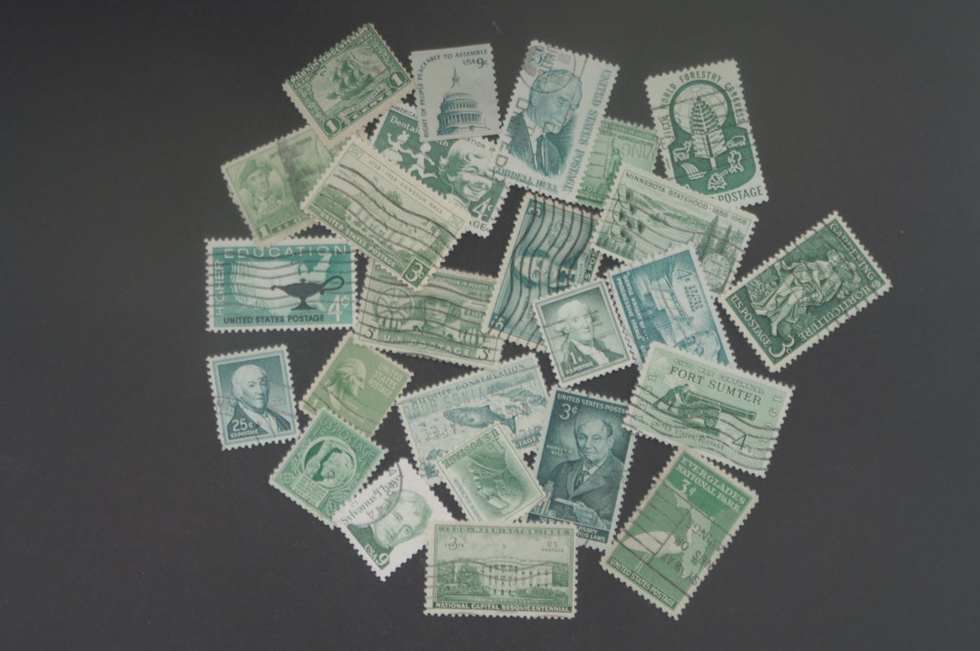 Vintage GREEN Postage Stamps ~ 25 Green, Various Shades, Used, off ...