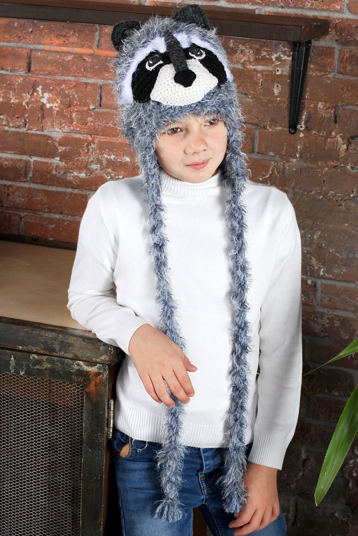 Gray Fuzzy Knit Raccoon Animal Costume Hat With Ear Flaps for | Etsy