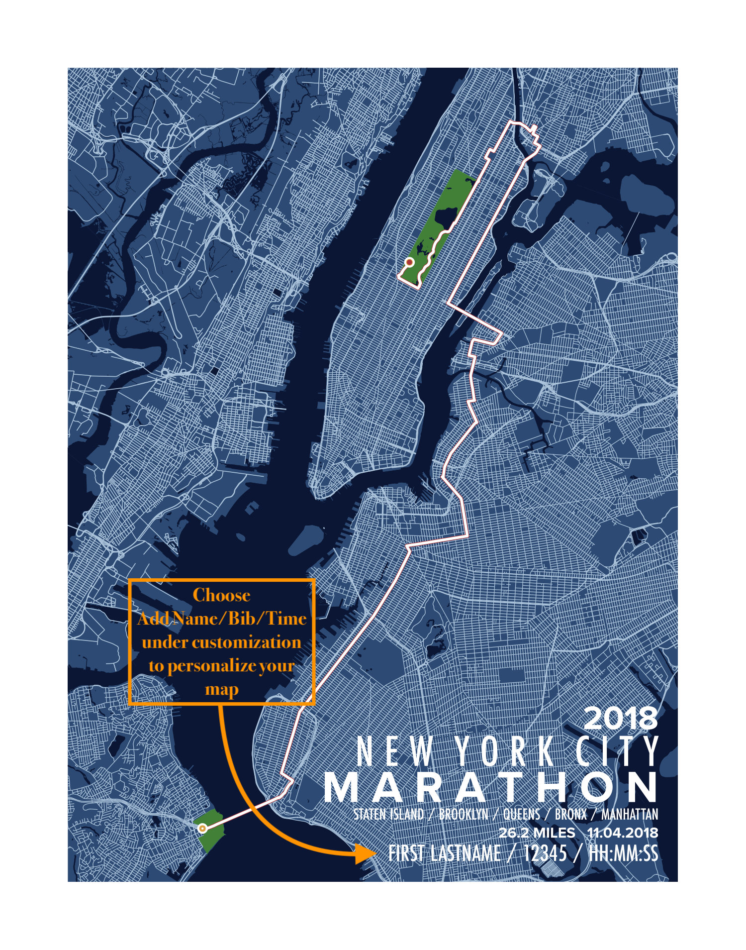 2018 NYC Marathon Map Art / unframed paper print | Etsy
