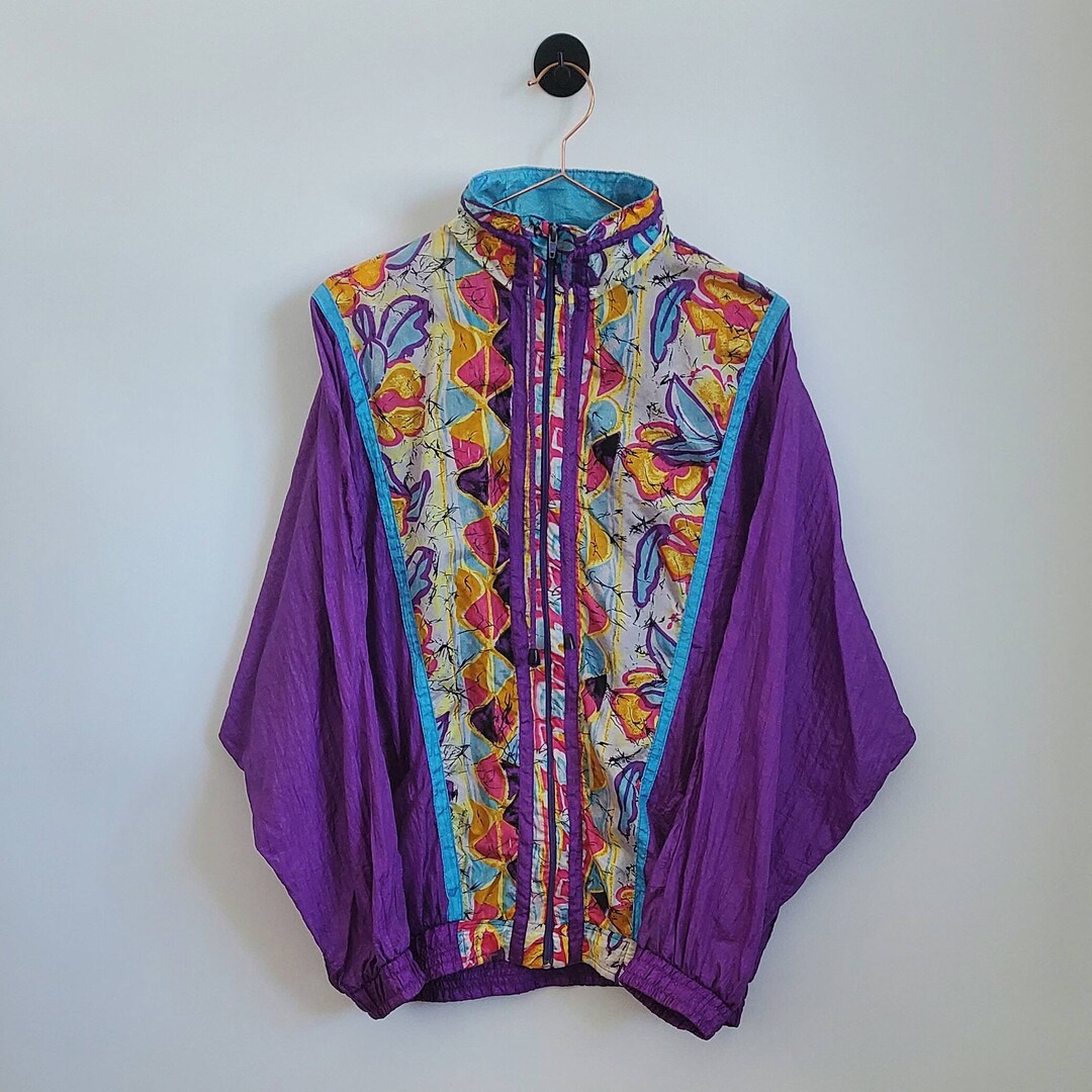 80s Retro Floral Print Windbreaker Jacket Purple Size M, Vintage Shell ...