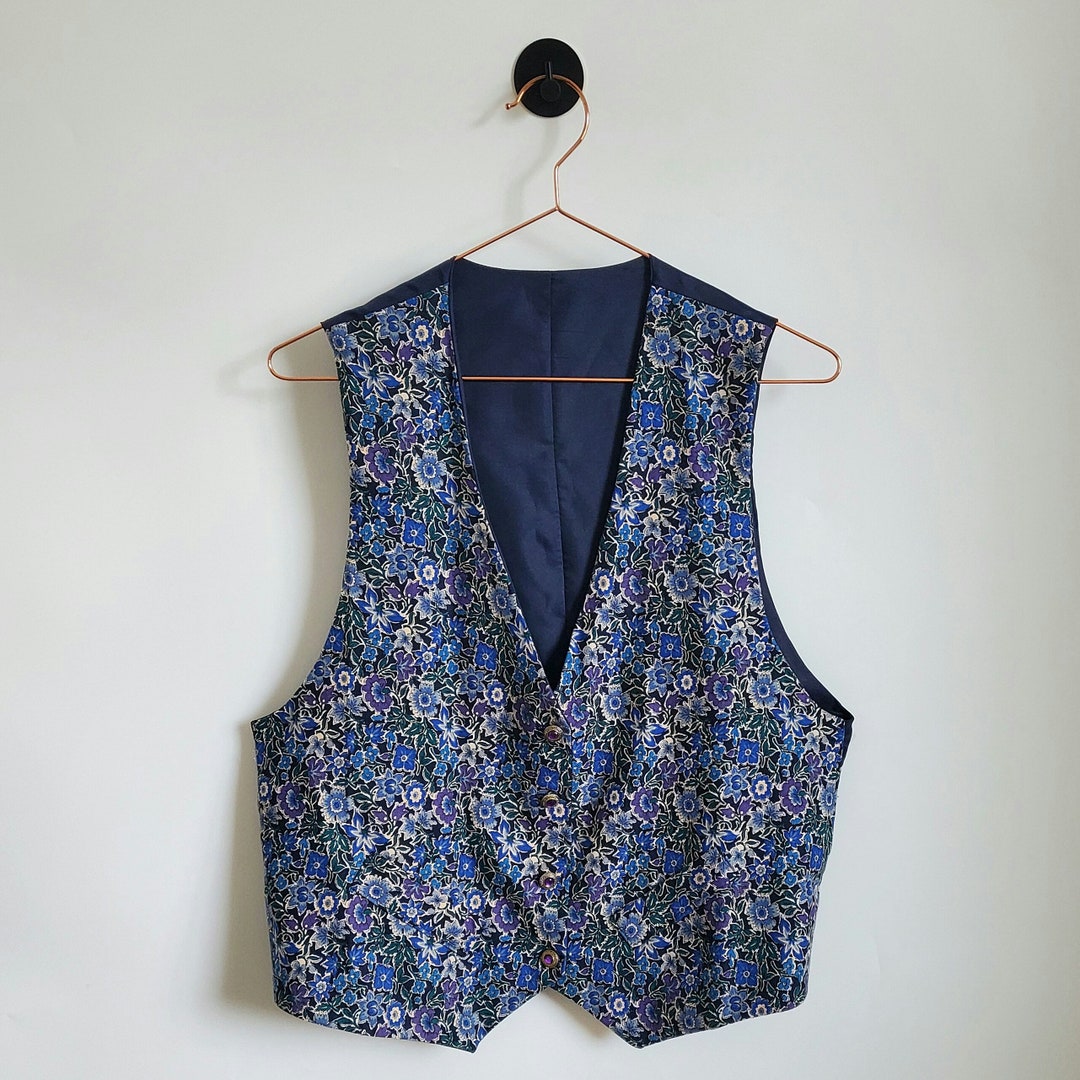 Vintage 90s Floral Print Women's Waistcoat Blue Purple Size 10 Retro ...