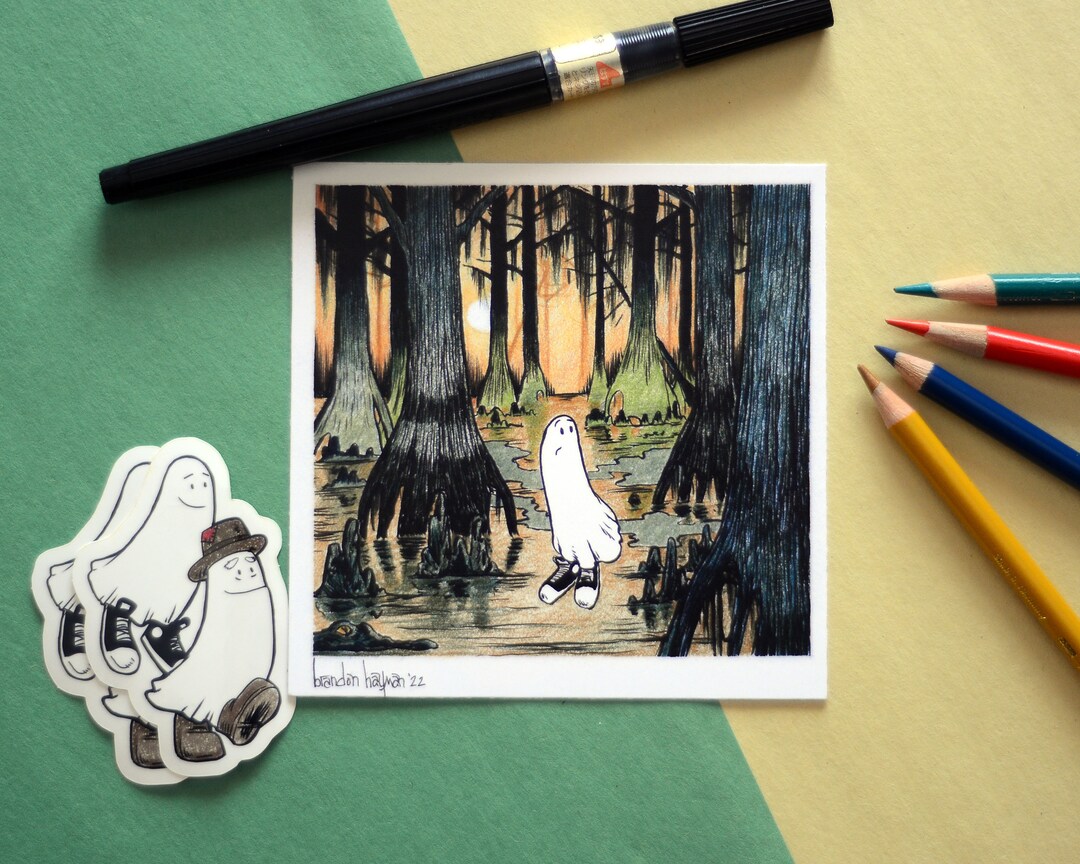 Spooky Swamp Ghost Art Print, Louisiana Bayou Illustration (5x5) - Etsy