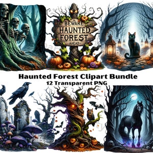 Haunted Forest Clipart, Halloween Spooky Watercolor 12 PNG Bundle ...