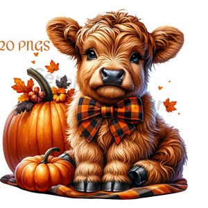 Watercolor Autumn Highland Cow Clipart, Cute Fall Cow PNG, Baby Animal ...