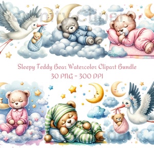 Watercolor Sleepy Teddy Bear Clipart, 30 PNG Teddy Bear, Cute Sleeping ...