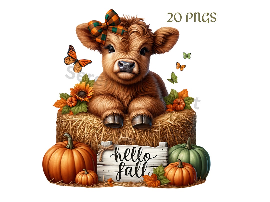 Watercolor Autumn Highland Cow Clipart Bundle, 20 PNG, Baby Animal ...