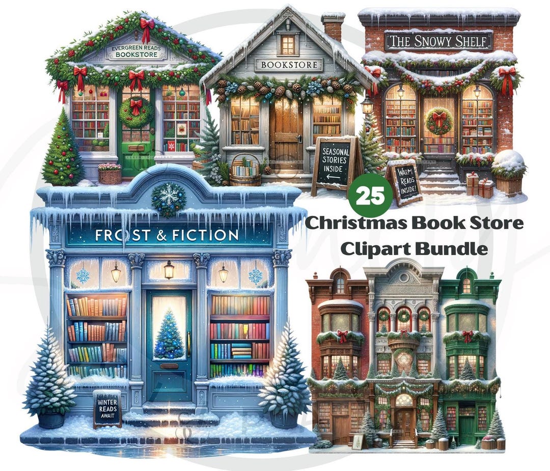Christmas Bookstore Clipart Bundle, Watercolor Holiday Storefronts ...