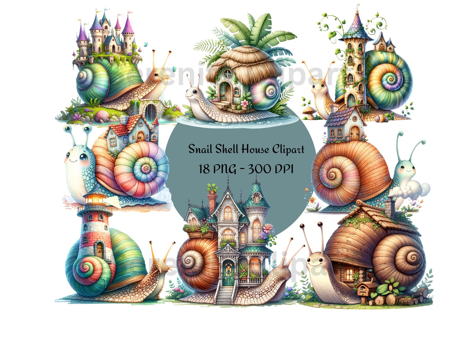Snail Shell House Clipart, 18 PNG Watercolor Snail Clipart, Cute ...