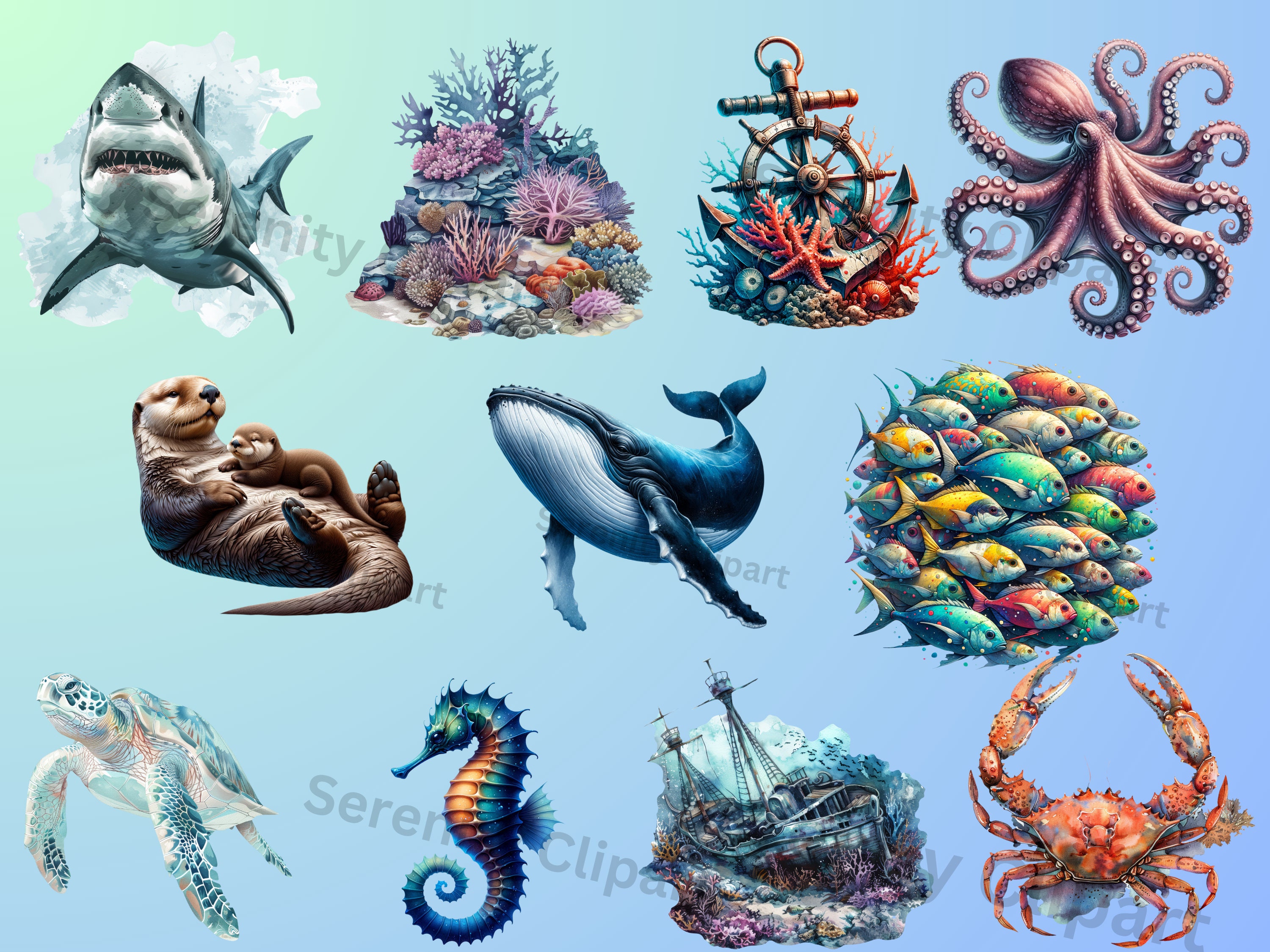 Watercolor Sea Creatures Clipart, Ocean Animals, Fish Clipart, Under ...