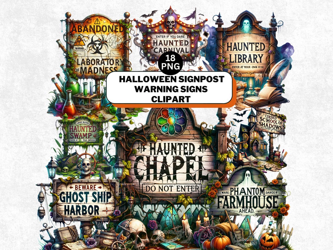 Spooky Halloween Signpost Clipart, Gothic Warning Signs Bundle (digital ...