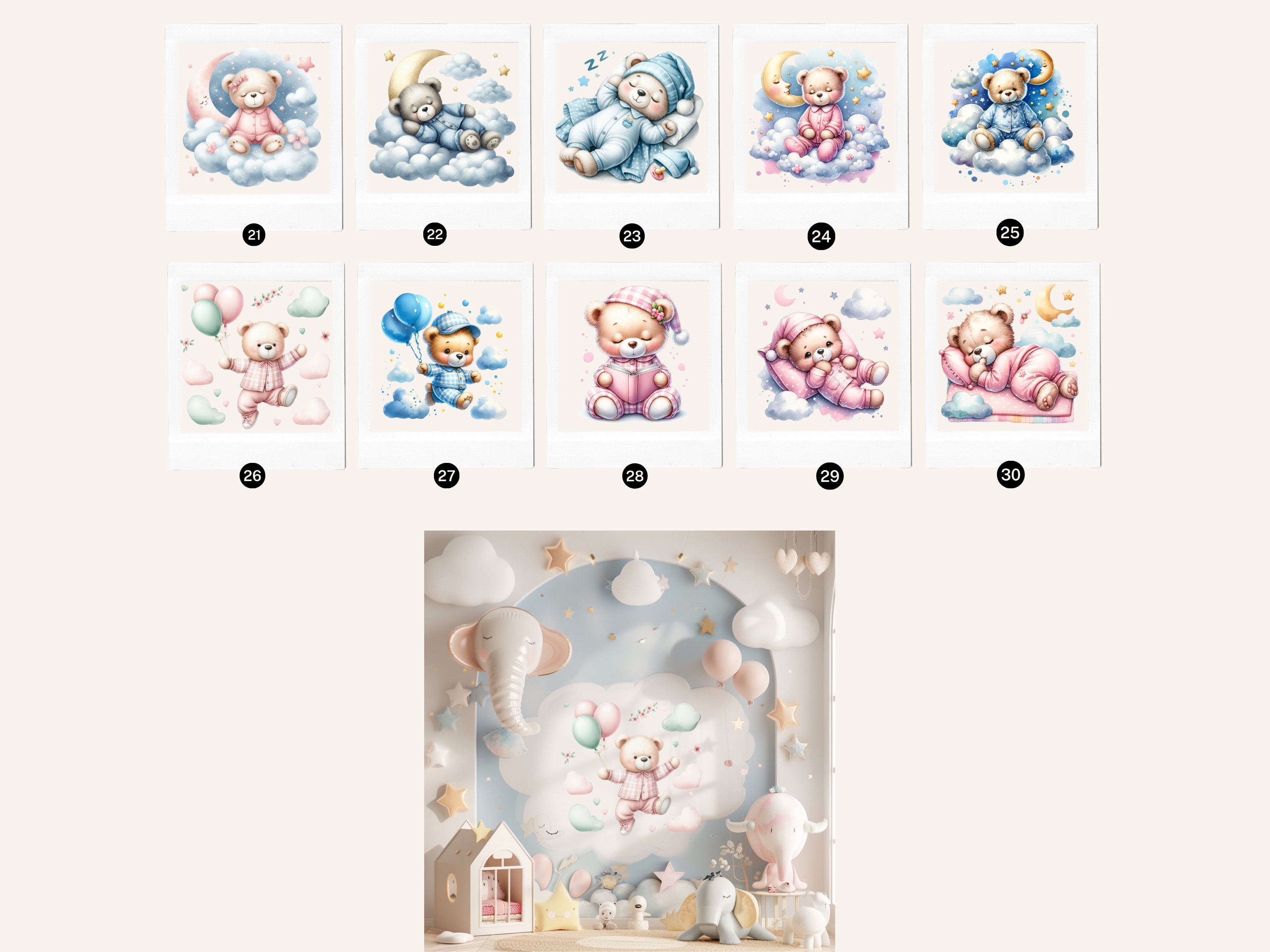 Watercolor Sleepy Teddy Bear Clipart, 30 PNG Teddy Bear, Cute Sleeping ...