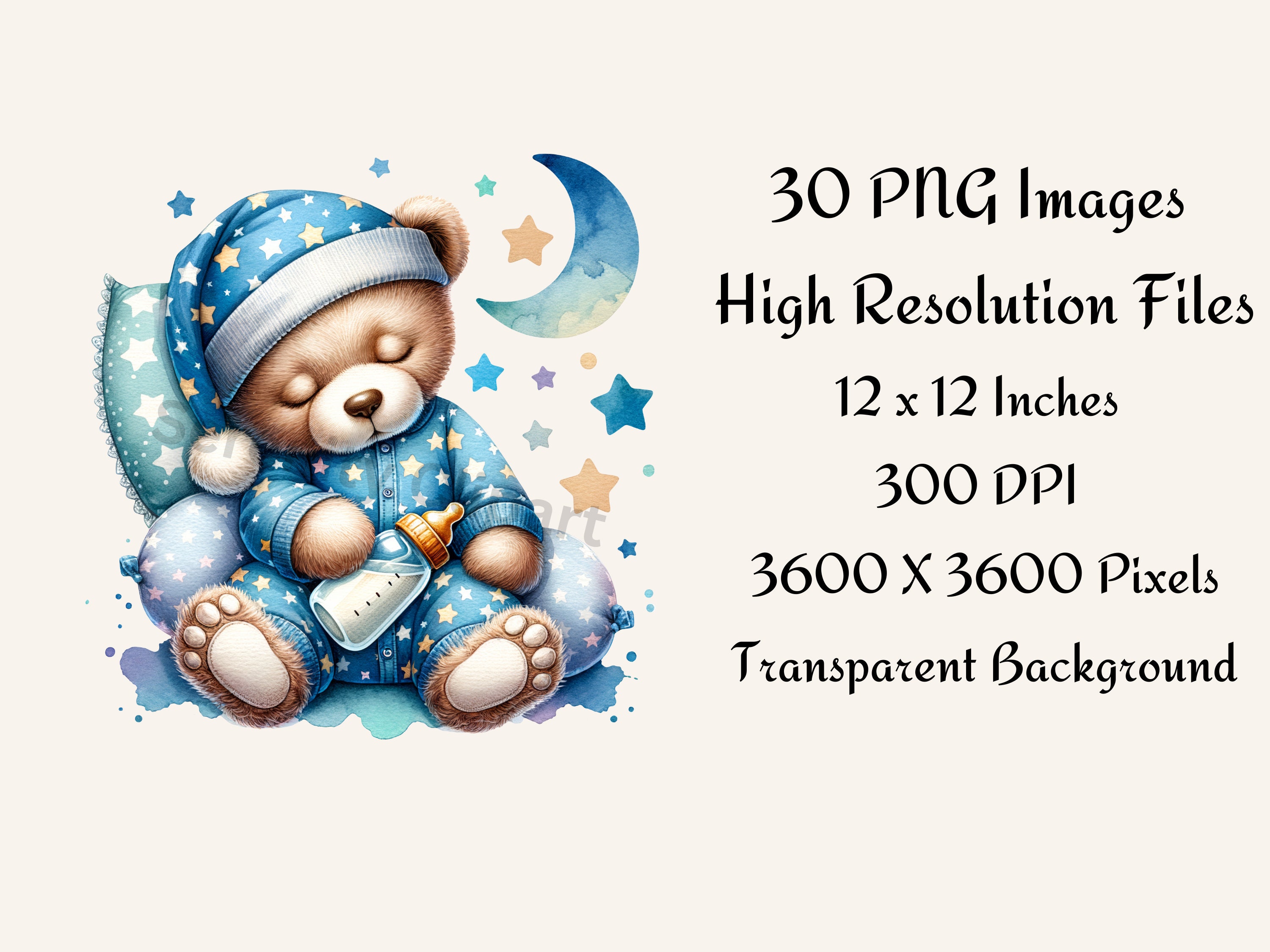 Watercolor Sleepy Teddy Bear Clipart, 30 PNG Teddy Bear, Cute Sleeping ...