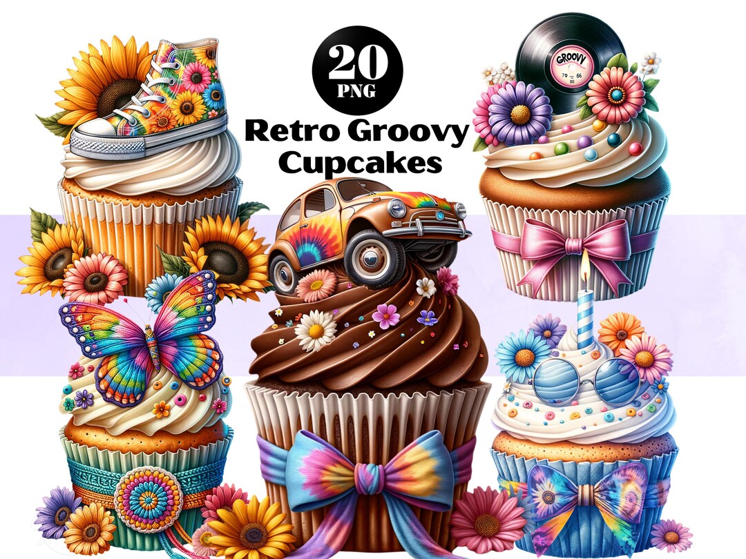 Retro Cupcake Clipart Bundle, Groovy Watercolor Cupcake PNG, Cute ...