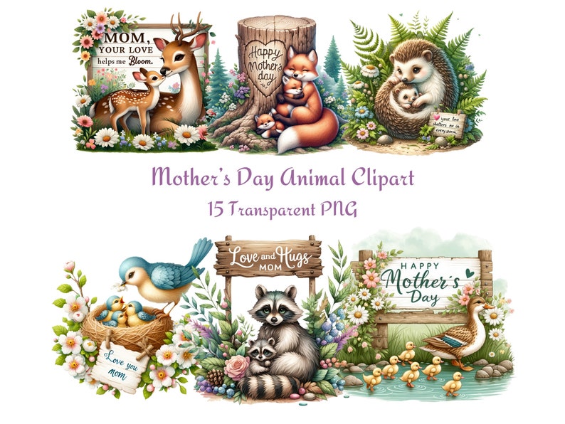 Watercolor Mothers Day Animal Clipart, 15 PNG Animals, Mother Baby ...