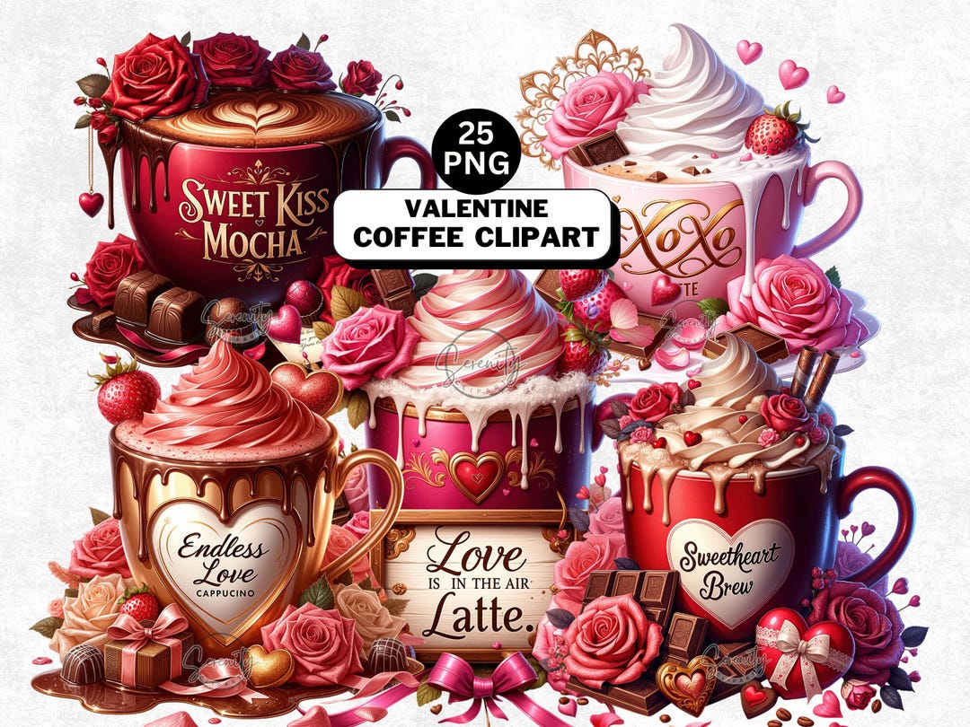 Valentine Coffee Clipart Bundle: Romantic Coffee Mugs, Hearts ...
