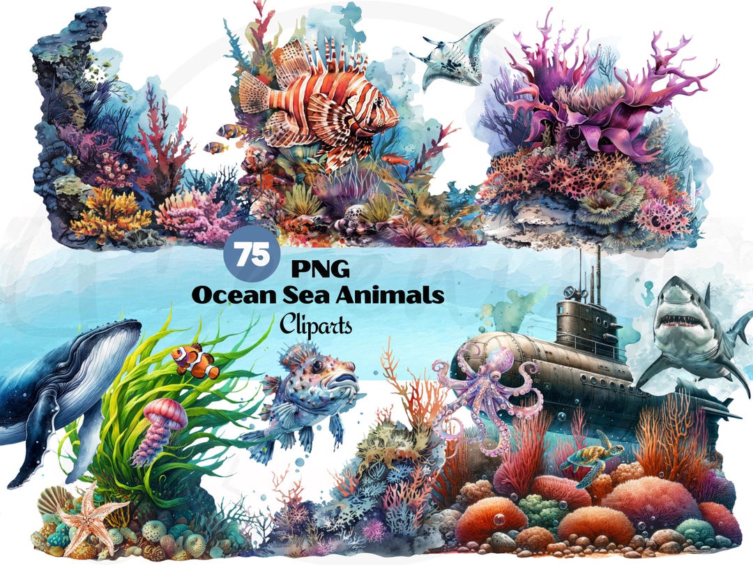 Ocean Sea Life Clipart Bundle, Watercolor Fish PNG, Under the Sea ...