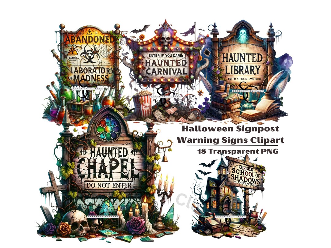 Watercolor Halloween Signpost Clipart Bundle: Spooky Haunted Signs (PNG ...