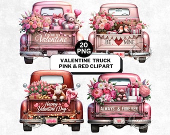 Watercolor Valentine Truck Clipart Bundle: Vintage PNG (digital ...