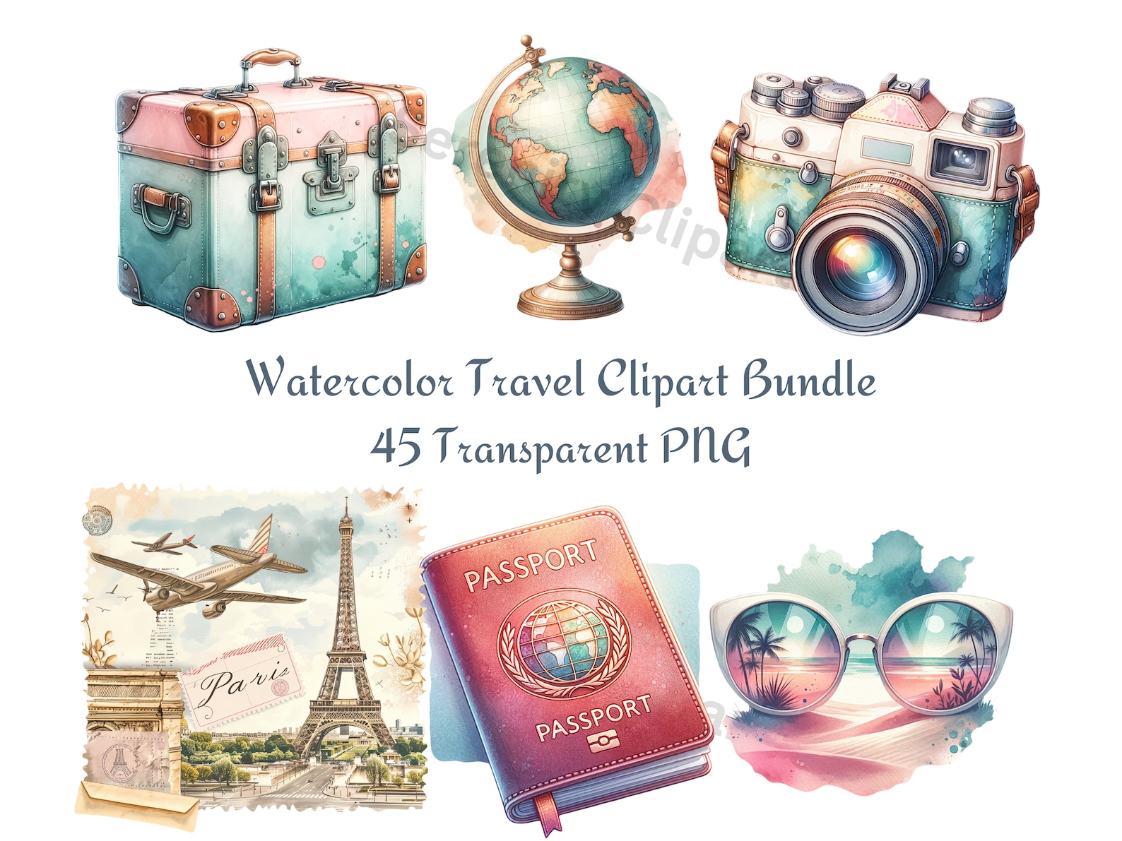 Watercolor Travel Clipart, Vacation Holiday 45 PNG, Suitcase, Plane ...