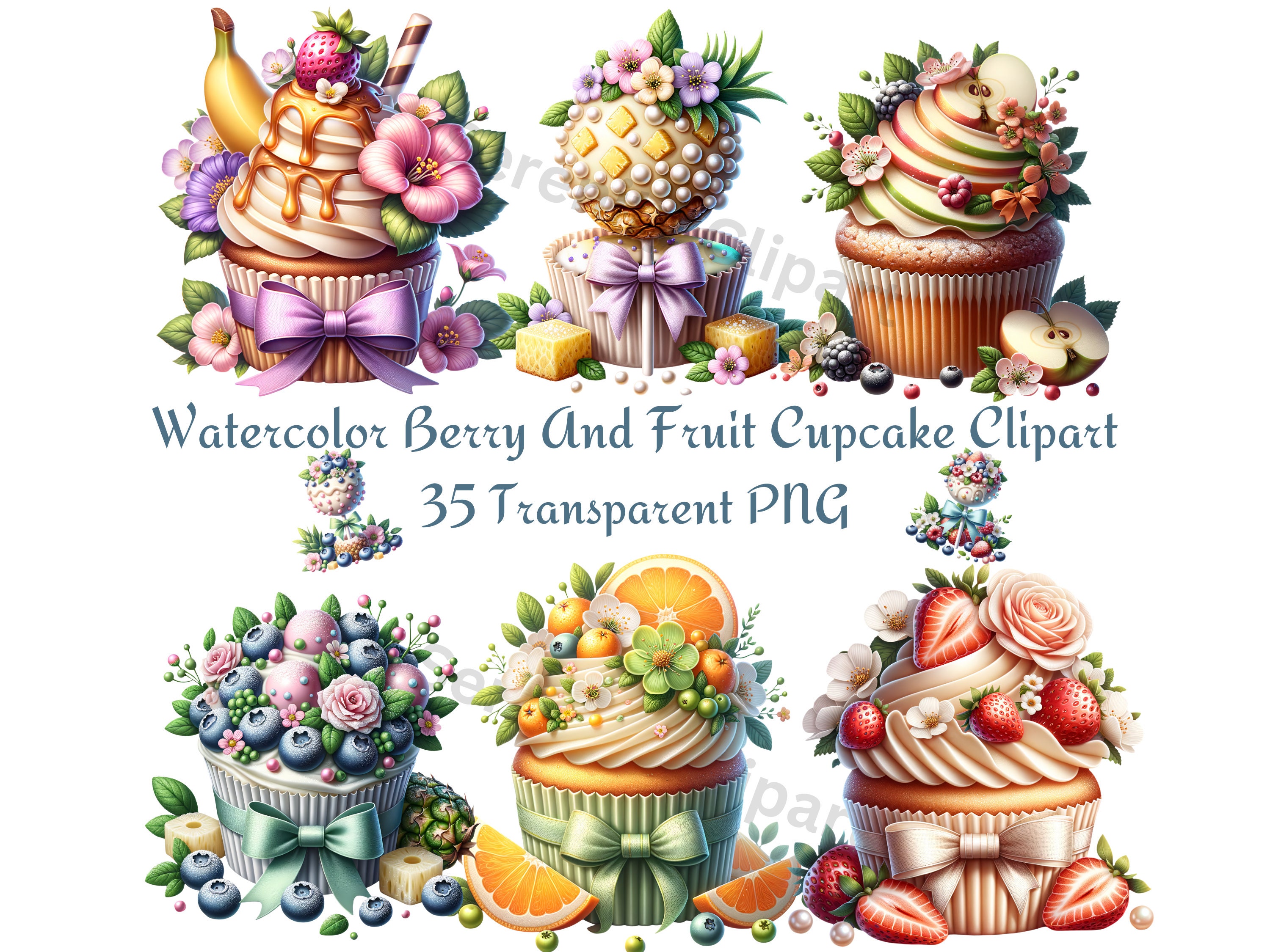 Watercolor Fruit Cupcake Clipart: Berry Cake Pops, 35 Pngs (digital ...