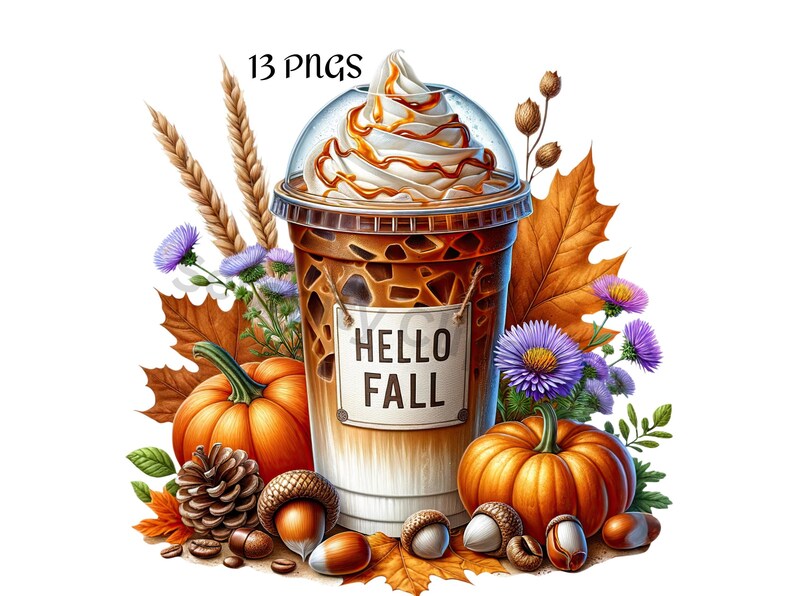 Autumn Coffee Clipart Bundle, Hello Fall Ice Coffee Graphics, Cute ...
