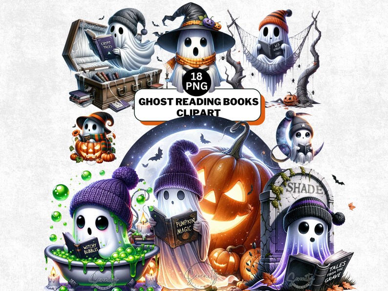 Ghost Reading Book Clipart, Kawaii Halloween PNG Bundle, Spooky Autumn ...