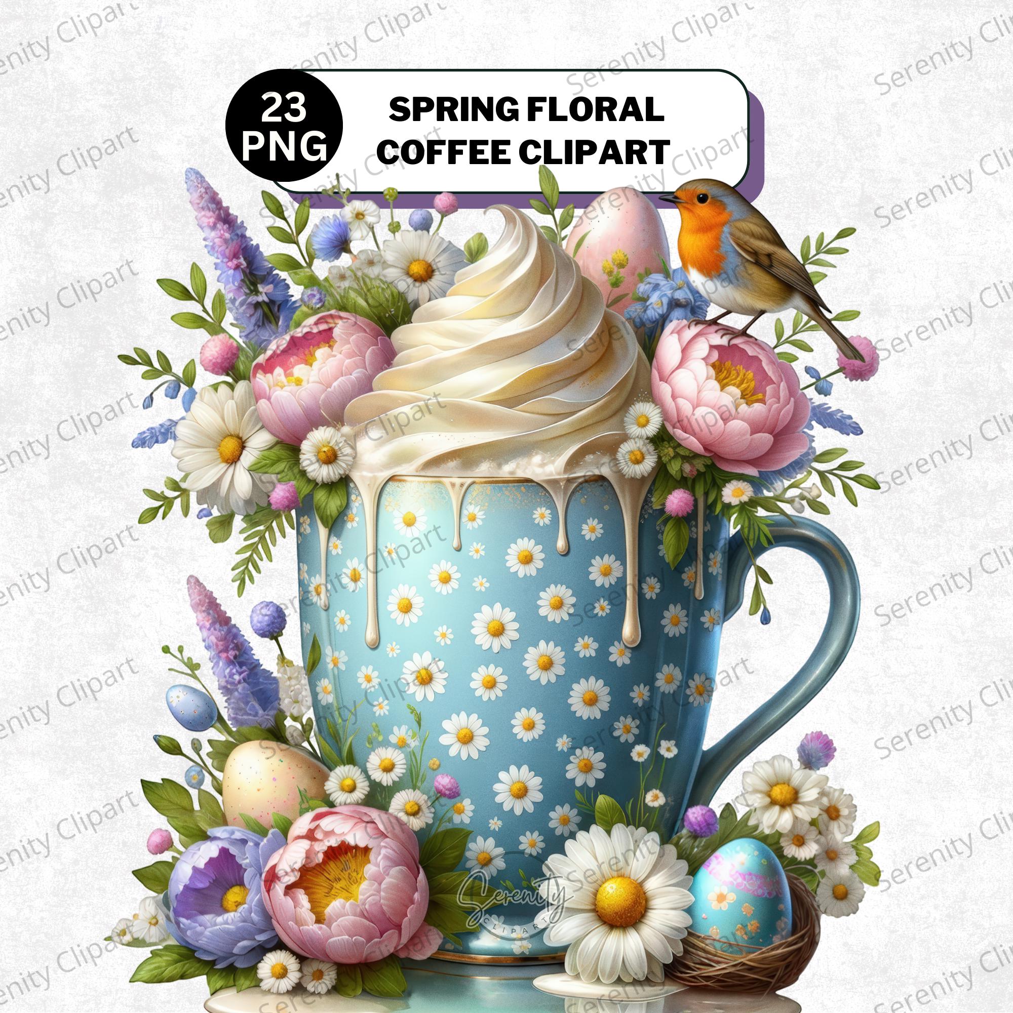 Spring Floral Coffee Clipart Bundle, Watercolor Mugs, Butterflies, Bees ...