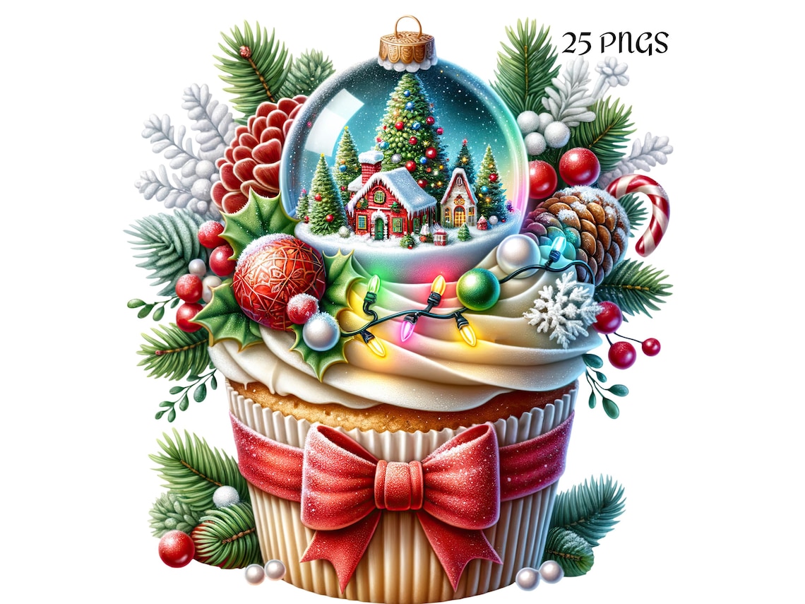 Watercolor Christmas Cupcake Clipart: Festive Holiday Desserts (25 PNG ...