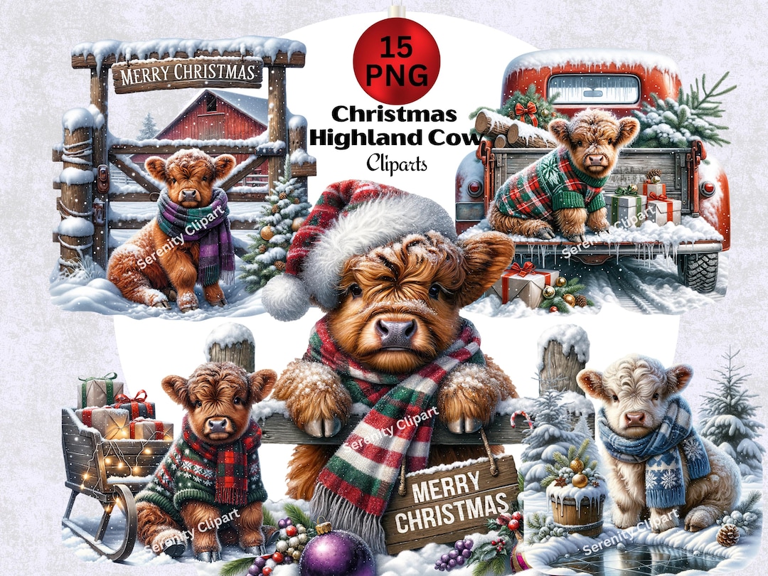 Christmas Highland Cow Clipart, Winter Snow Wonderland Cows PNG ...