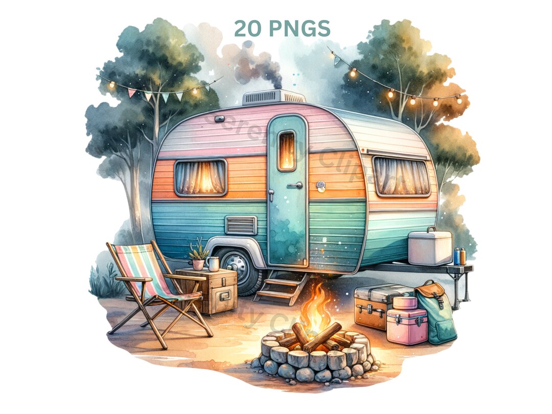 Watercolor Caravan Camper Trailer Clipart, 20 PNG Trailer Clipart ...