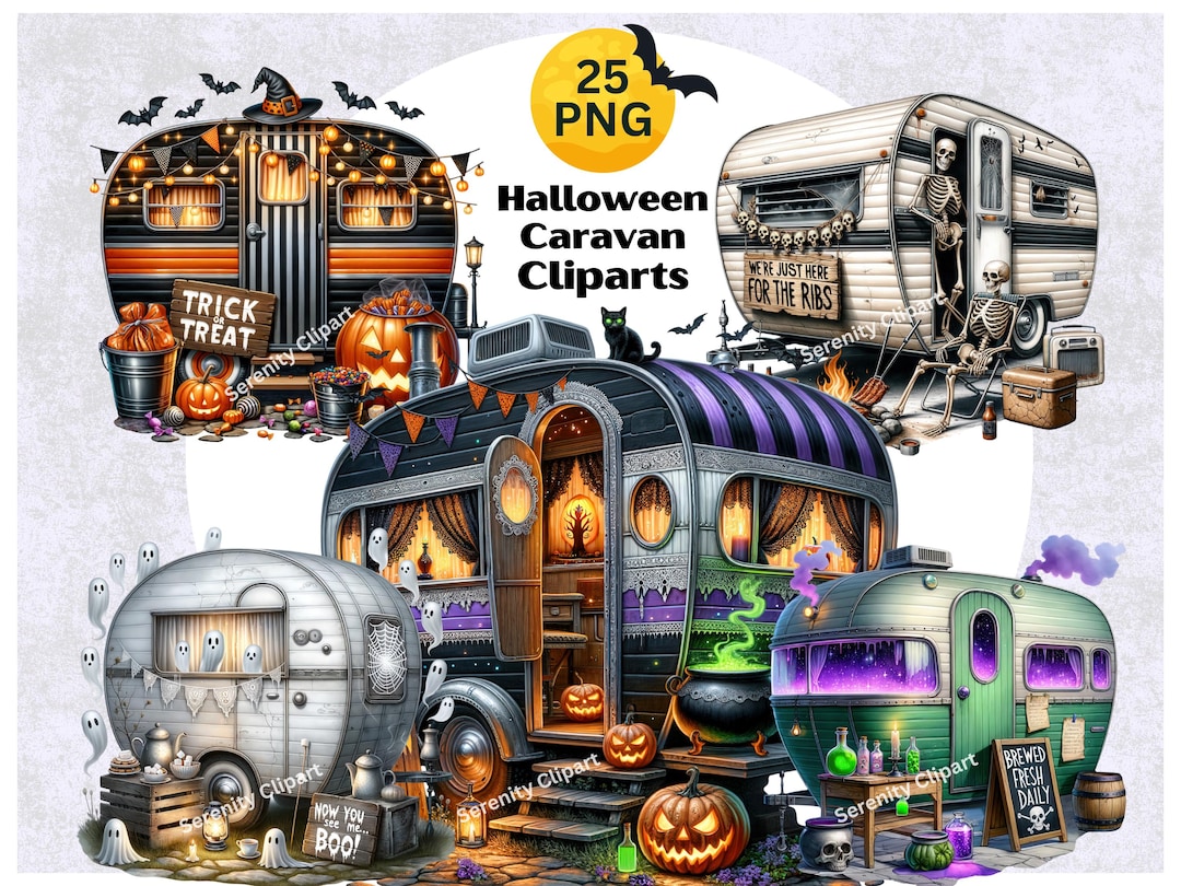 Halloween Camper Clipart: Spooky RV, Trailer Graphics (digital Download ...