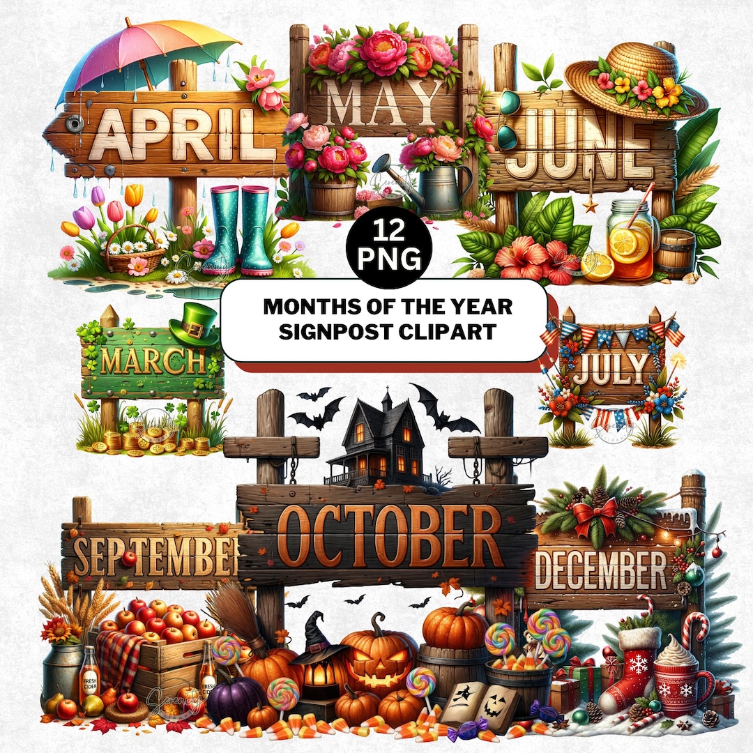 Months of the Year Signpost Clipart Bundle, Watercolor Seasonal Holiday ...