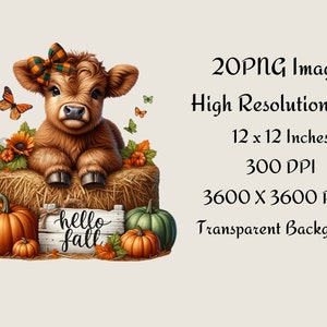 Watercolor Autumn Highland Cow Clipart, Cute Fall Cow PNG, Baby Animal ...
