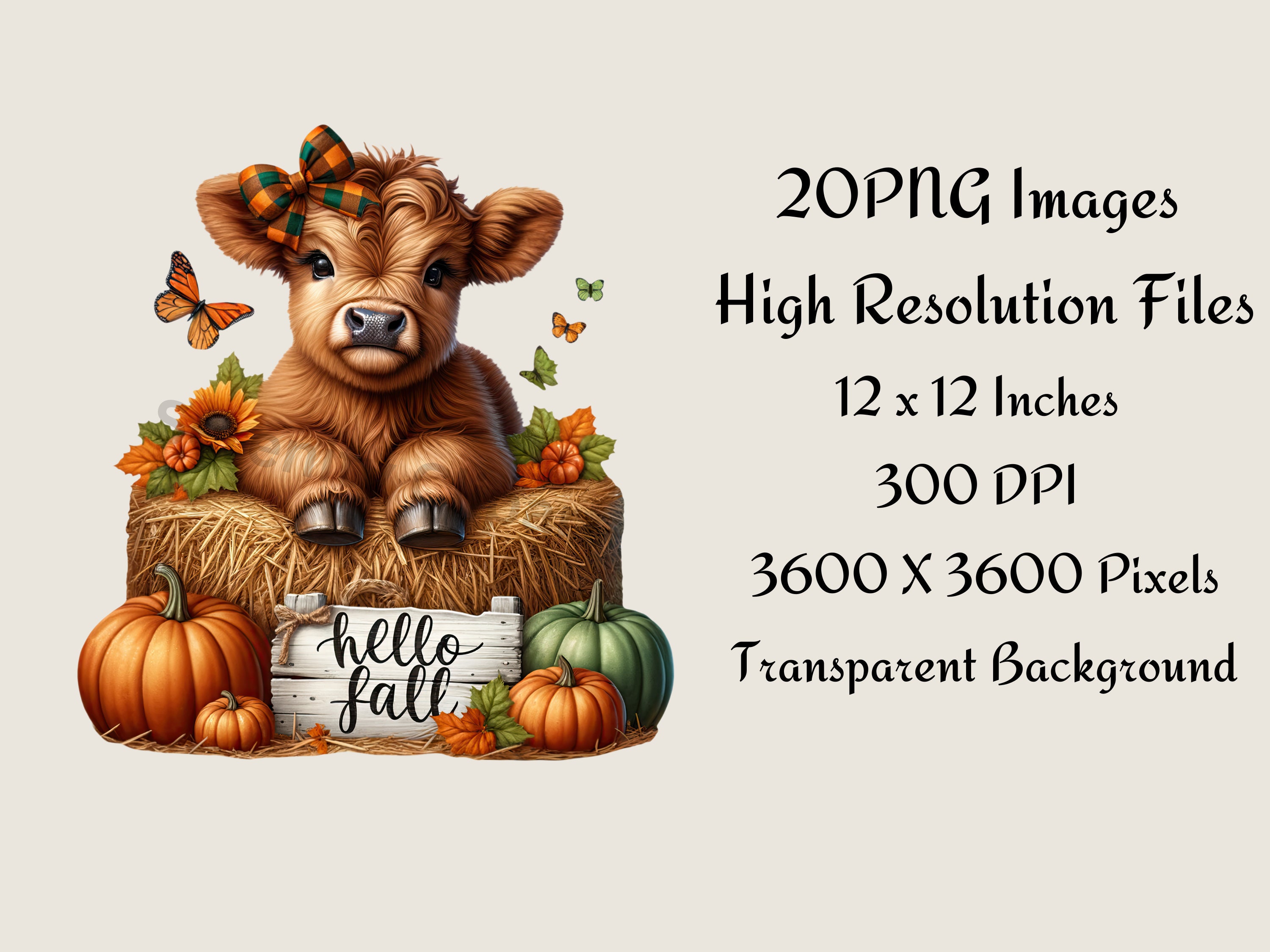 Watercolor Autumn Highland Cow Clipart Bundle, 20 PNG, Baby Animal ...