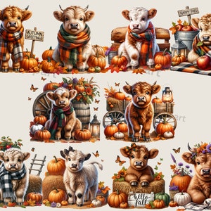 Watercolor Autumn Highland Cow Clipart, Cute Fall Cow PNG, Baby Animal ...