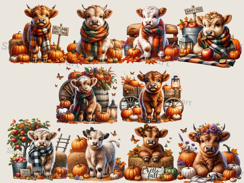Watercolor Autumn Highland Cow Clipart, Fall Pumpkins, Leaves (digital ...
