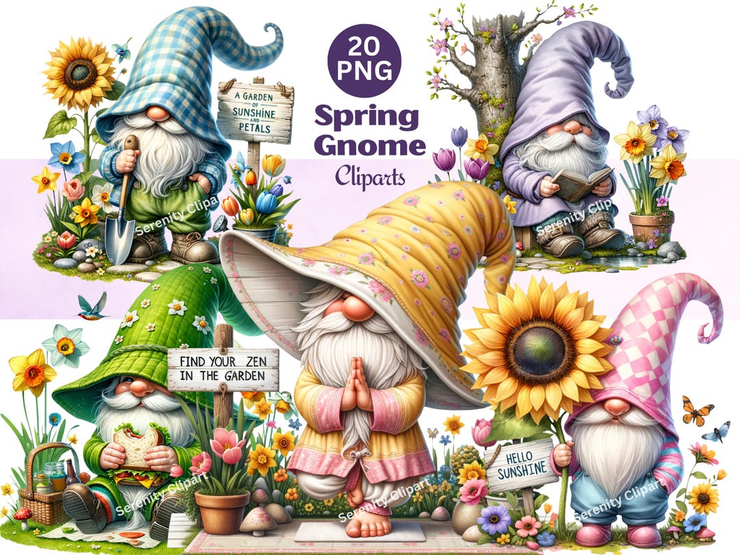Spring Gnome Clipart, Cute Garden Gnome Clipart, Watercolor Gnome ...