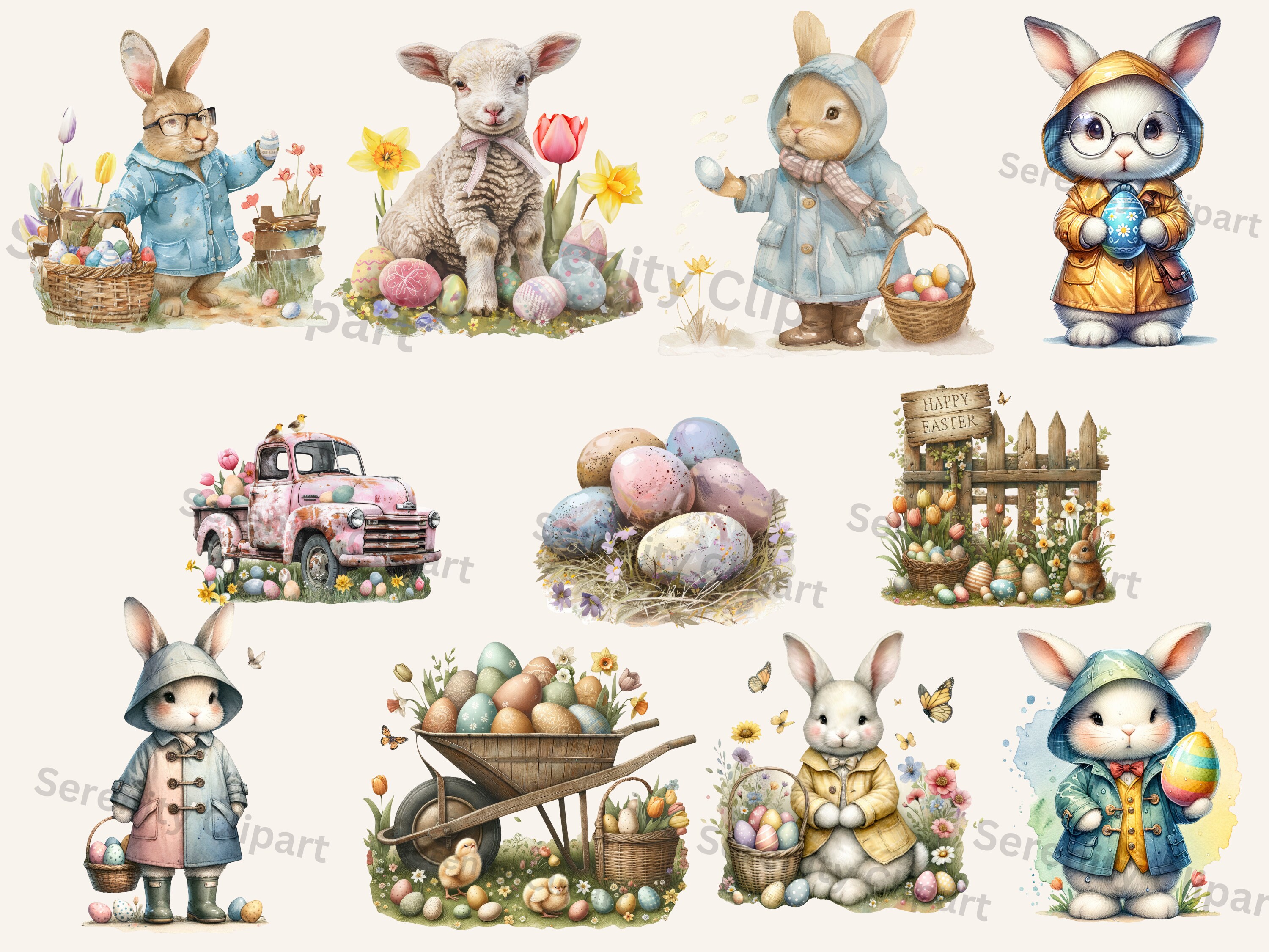 Watercolor Easter Clipart Bundle, Festive PNG, Easter Bunny Graphics ...
