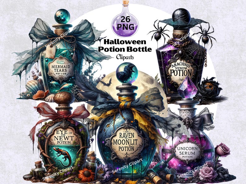 Spooky Halloween Potion Bottle Clipart: Gothic Witch Labels (digital ...