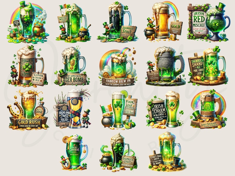 St. Patricks Day Beer Clipart: Watercolor Mugs, Shamrock Designs ...