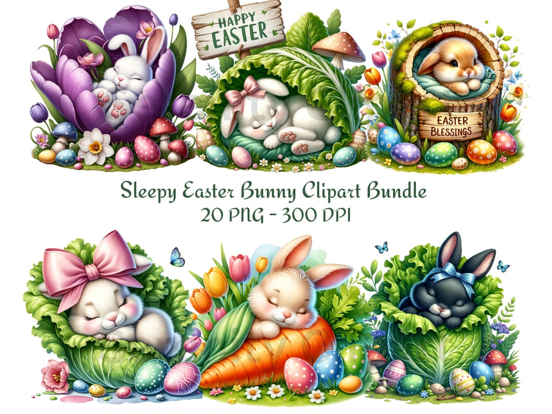Sleepy Easter Bunny Clipart Bundle, Easter Bunny Prints, Watercolor ...