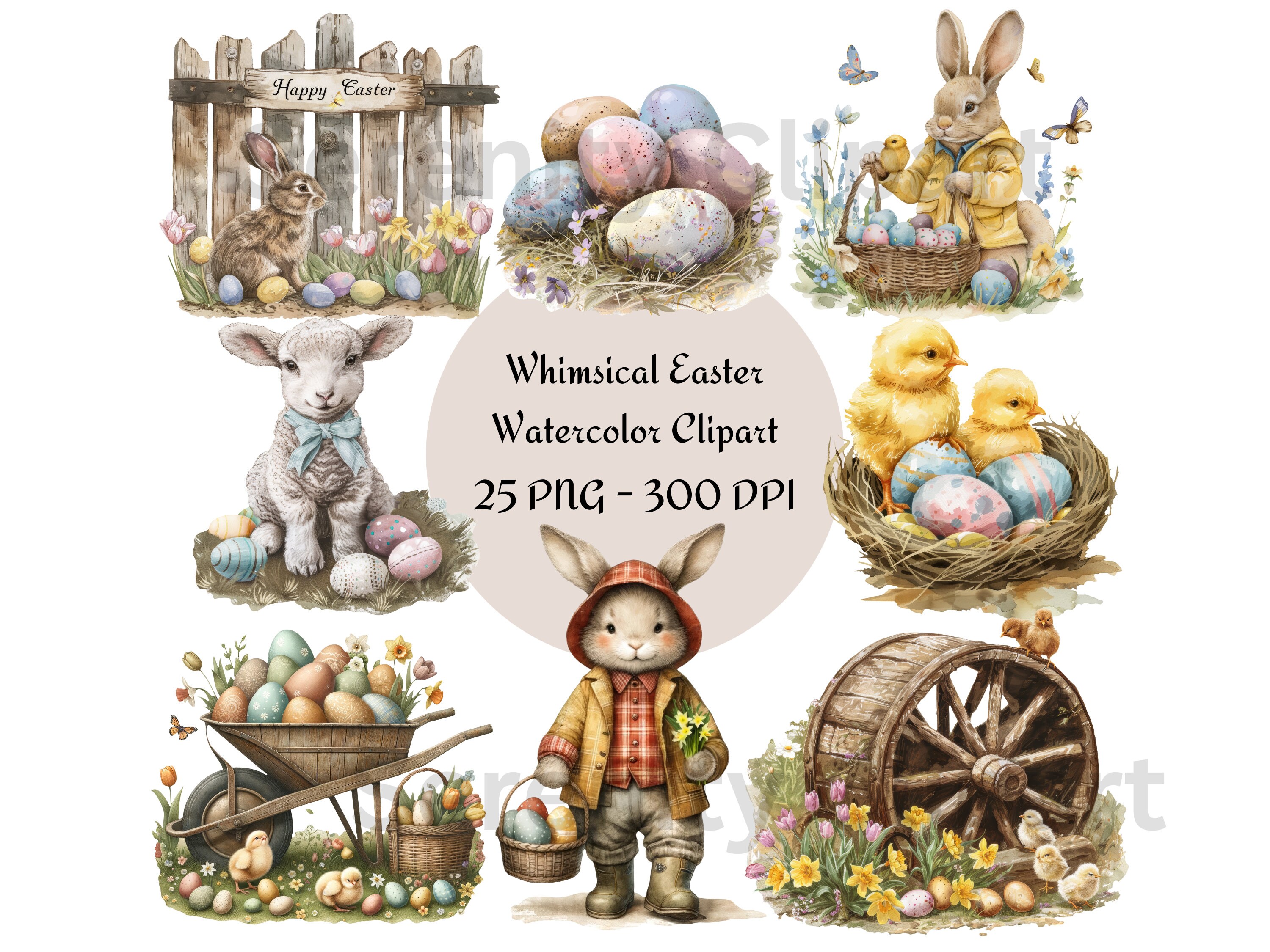 Watercolor Easter Clipart Bundle, Festive PNG, Easter Bunny Graphics ...
