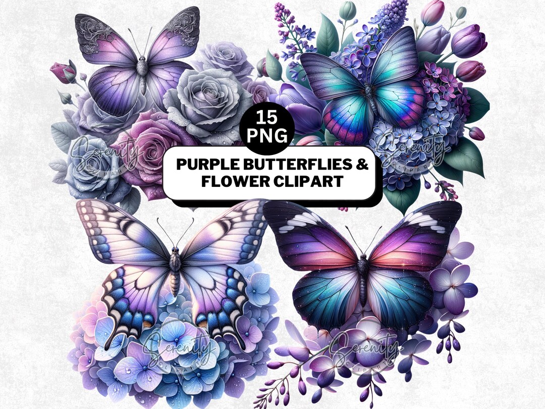 Watercolor Butterfly Clipart: Purple Spring Flower PNG (digital ...
